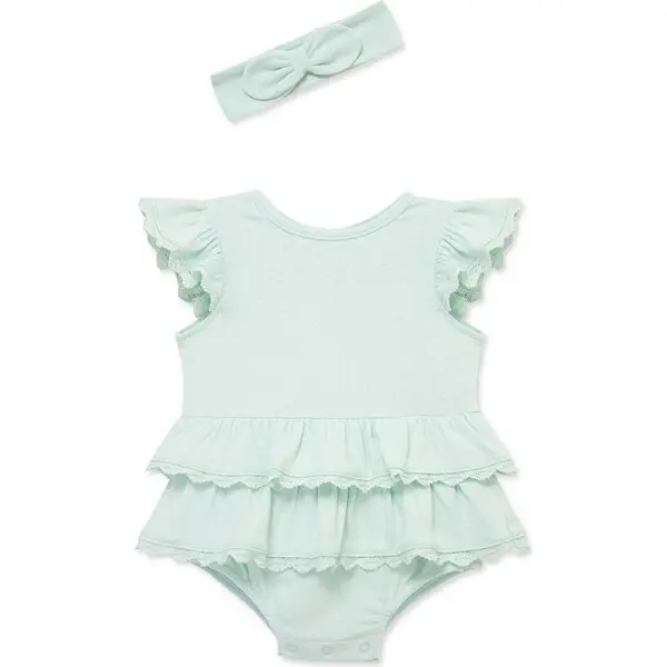 LITTLE ME Lace Bubble Romper & Headband Set - Aqua