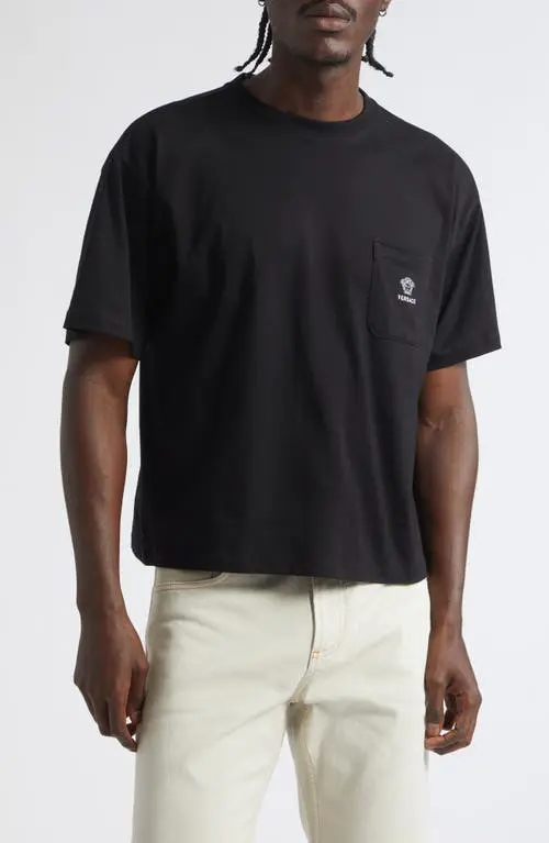 Versace Embroidered Cotton Jersey Pocket T-shirt - Black