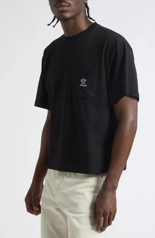 Versace Embroidered Cotton Jersey Pocket T-shirt - Black