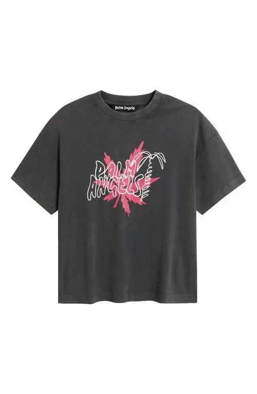 Palm Angels Palm Leaf Regular Fit Graphic T-shirt - Black Fuchsia
