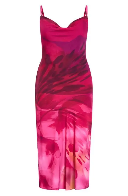 City Chic Printed Cowl Neck Slipdress - Raspberry Moment
