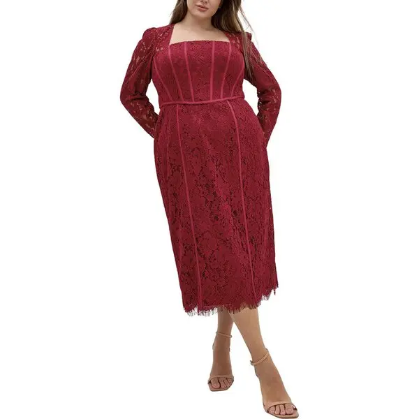 City Chic Valentine Long Sleeve Lace Midi Dress - Ruby
