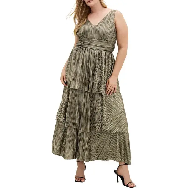 City Chic Metallic Tiered Maxi Dress - Bronze