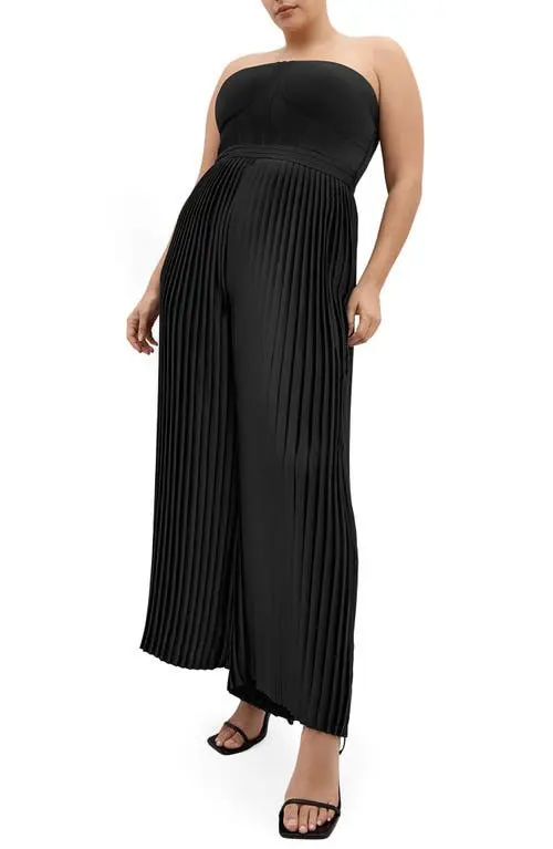 City Chic Pleated Satin Jumpsuit - Black