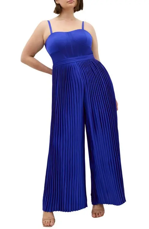 City Chic Pleated Satin Jumpsuit - Cobalt