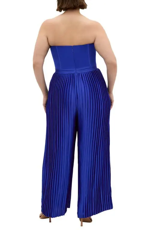City Chic Pleated Satin Jumpsuit - Cobalt