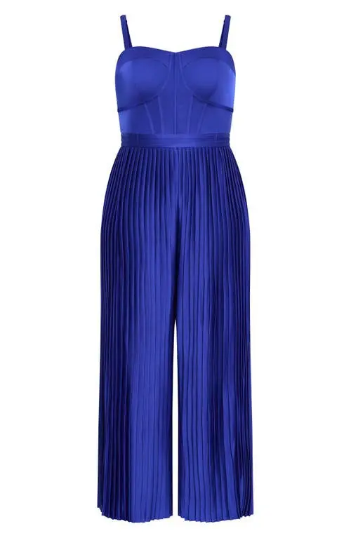 City Chic Pleated Satin Jumpsuit - Cobalt