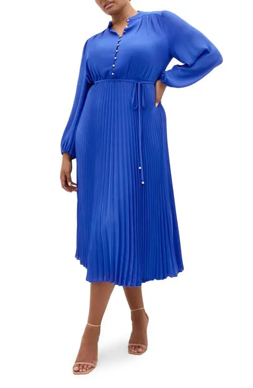 City Chic Halle Long Sleeve Pleated Maxi Dress - Cerulean