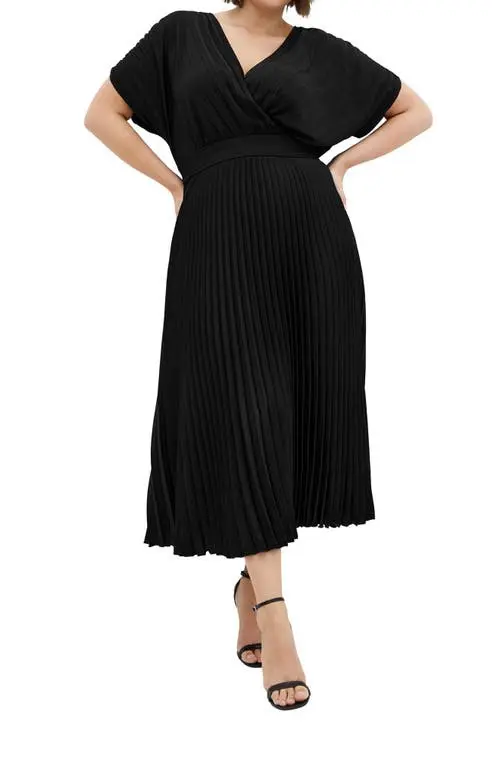 City Chic Elia Faux Wrap Pleated Dress - Black