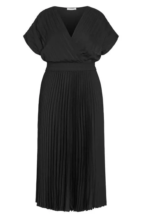 City Chic Elia Faux Wrap Pleated Dress - Black
