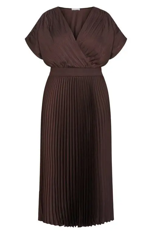City Chic Elia Faux Wrap Pleated Dress - Chocolate