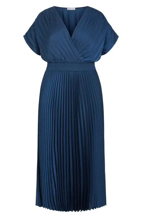 City Chic Elia Faux Wrap Pleated Dress - Petrol