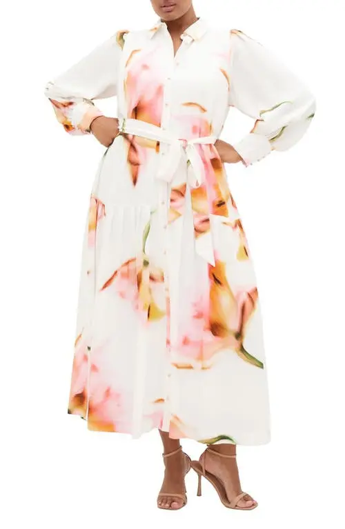 City Chic Floral Satin Maxi Shirtdress - Summer Fleur