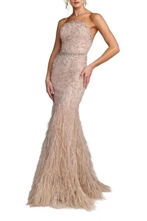 Mac Duggal Strapless Beaded Trumpet Gown With Feathers - Champagne
