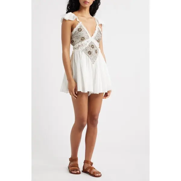 Free People Beaded Cotton Gauze Romper - Ivory Combo