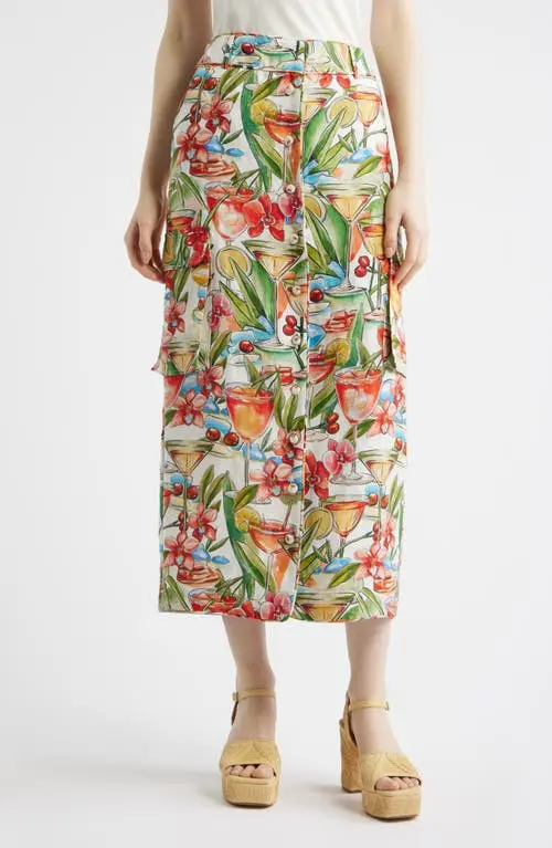 Farm Rio Cocktail Print Linen Midi Skirt - Off-white