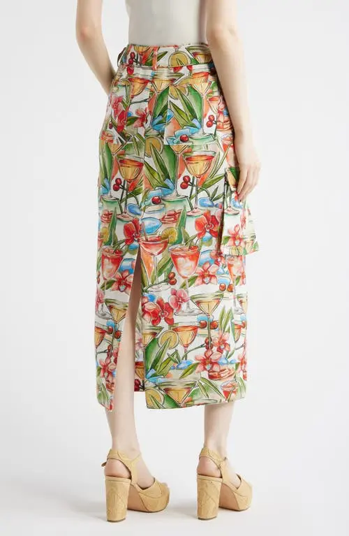 Farm Rio Cocktail Print Linen Midi Skirt