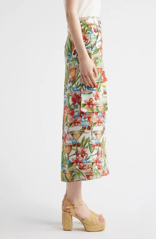 Farm Rio Cocktail Print Linen Midi Skirt