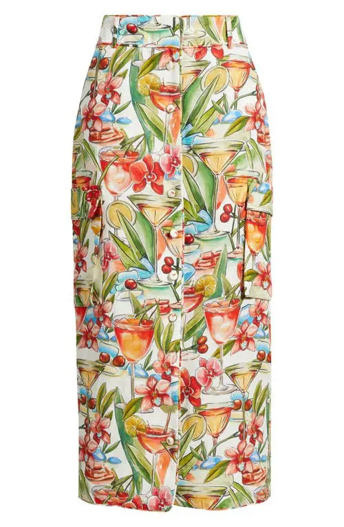 Farm Rio Cocktail Print Linen Midi Skirt