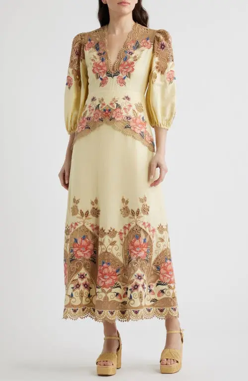 Farm Rio Embroidered Lace Linen Blend Midi Dress