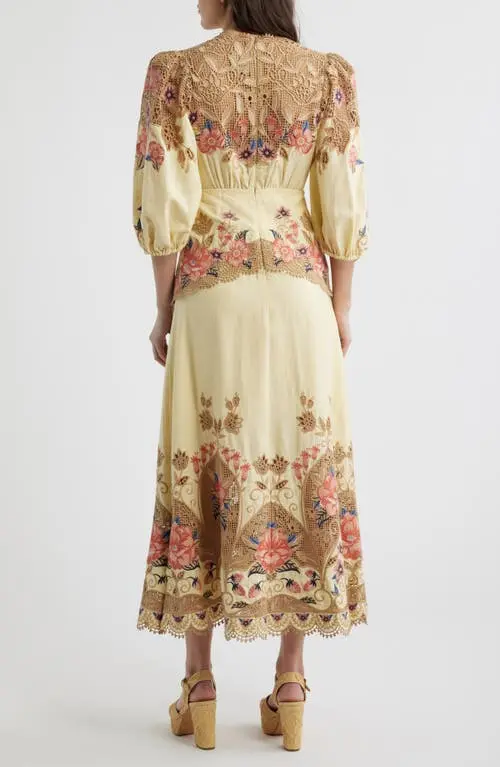 Farm Rio Embroidered Lace Linen Blend Midi Dress