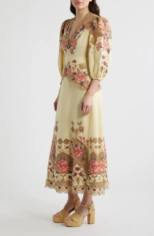 Farm Rio Embroidered Lace Linen Blend Midi Dress
