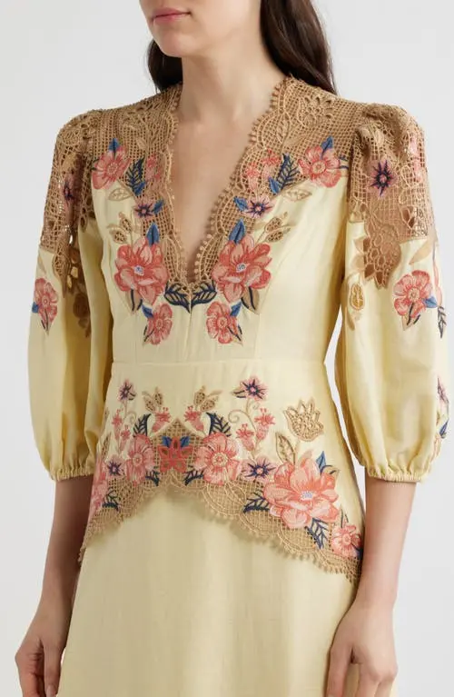 Farm Rio Embroidered Lace Linen Blend Midi Dress