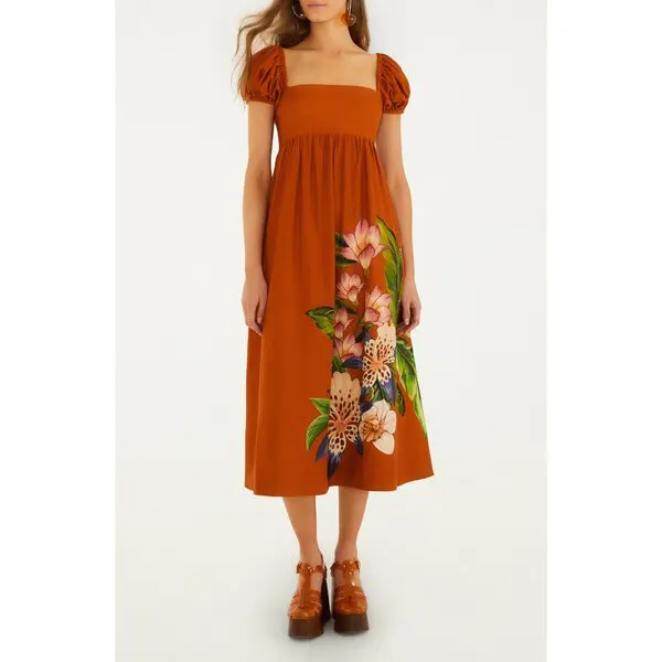 Farm Rio Hilo Arrangement Linen Blend Midi Dress - Sand