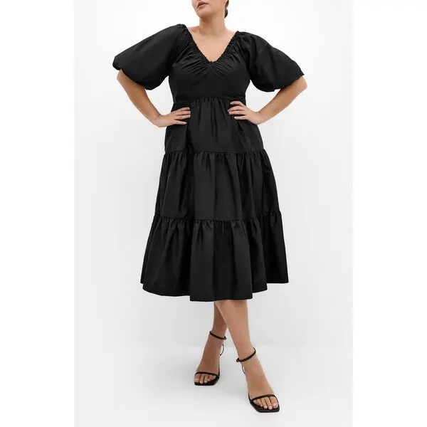 City Chic Tiered Puff Sleeve Midi Dress