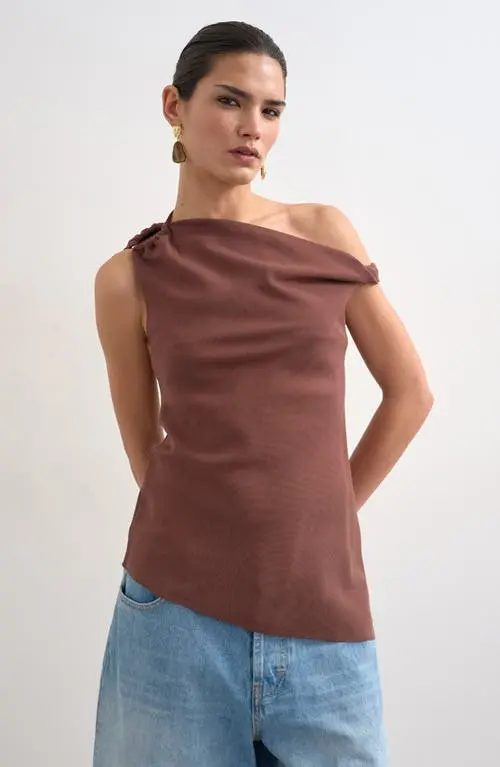Topshop Twist One Shoulder Asymmetric Hem Top - Chocolate