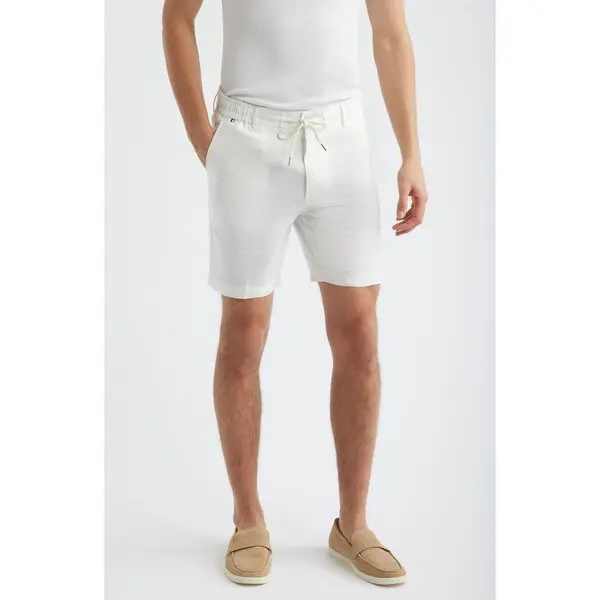 BOSS Kane Flat Front Linen Blend Drawstring Shorts - White