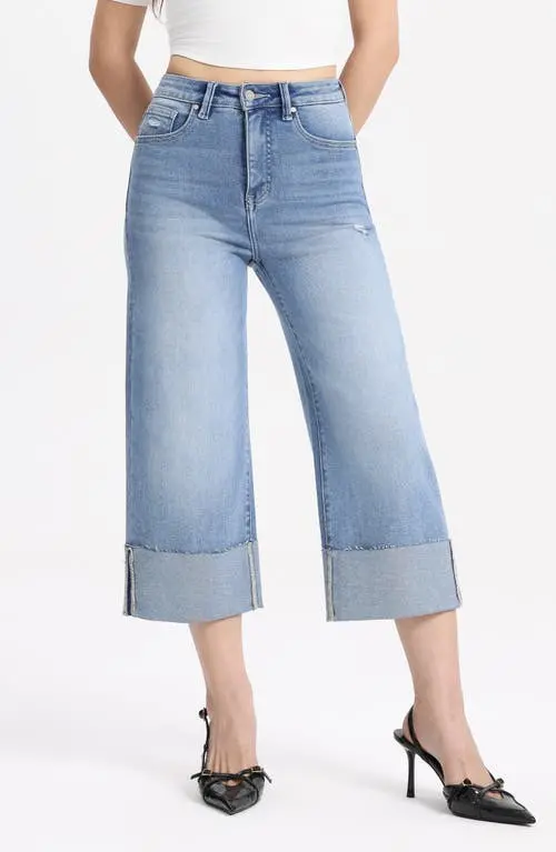 BAYEAS Cuffed Raw Hem High-waist Wide-leg Jeans - Light Blue