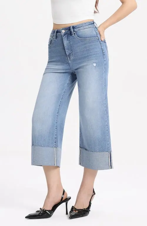 BAYEAS Cuffed Raw Hem High-waist Wide-leg Jeans - Light Blue