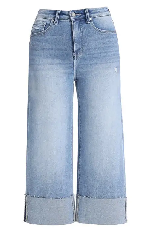 BAYEAS Cuffed Raw Hem High-waist Wide-leg Jeans - Light Blue