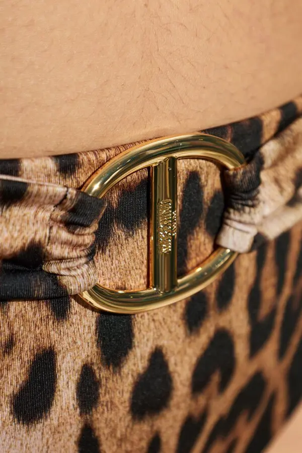 Moschino Bikini Bottom With Leopard Print And Gold Buckle Detail - Brown