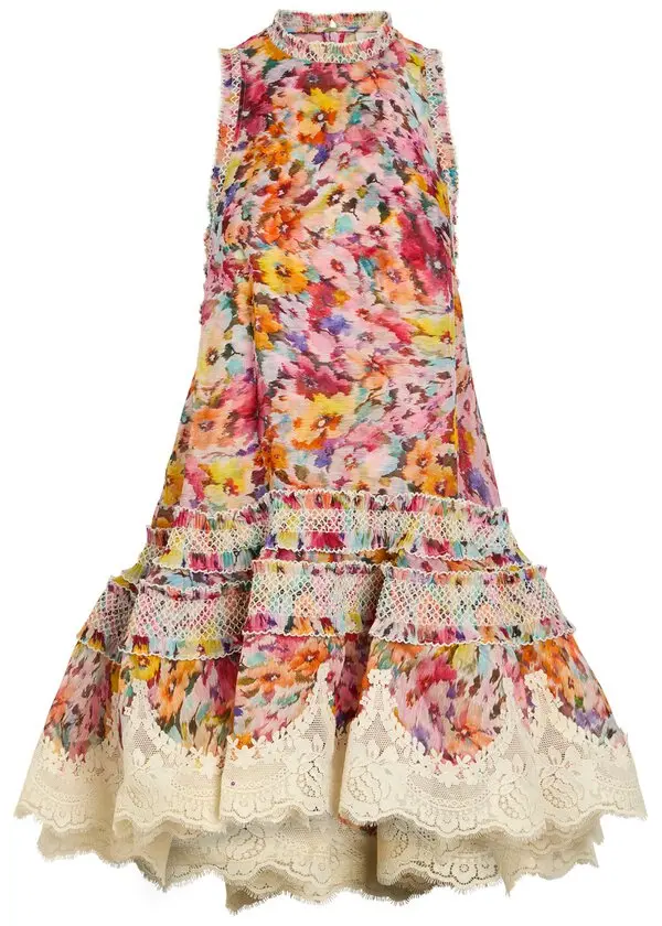 Zimmermann Luna Floral-print Linen And Silk-blend Mini Dress - Multicoloured