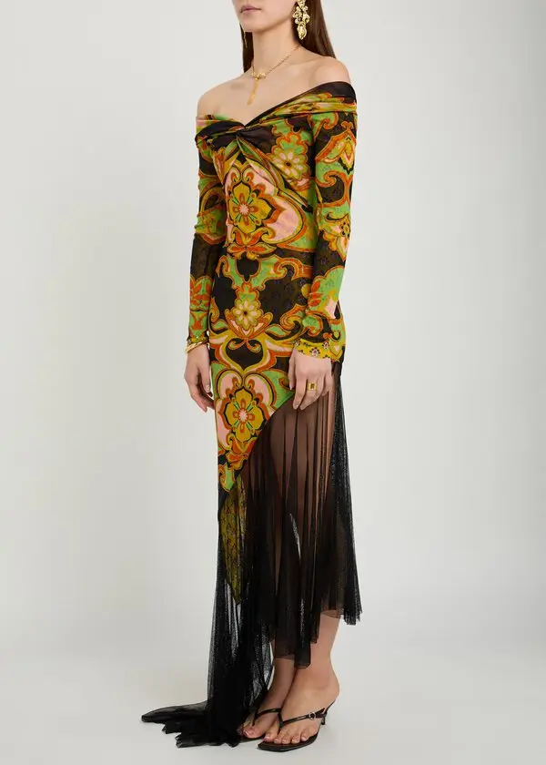 Etro Floral Print Tulle Asymmetric Mesh Maxi Dress