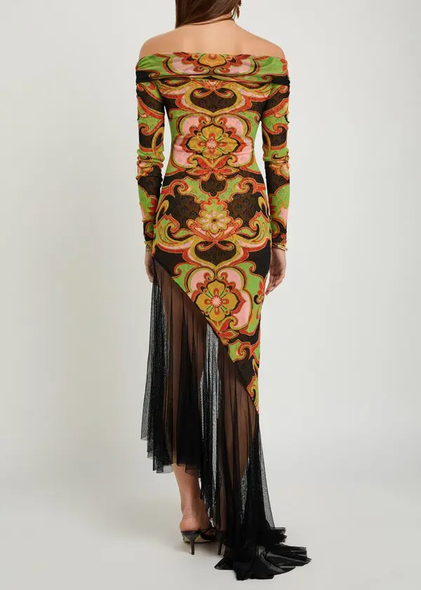 Etro Floral Print Tulle Asymmetric Mesh Maxi Dress