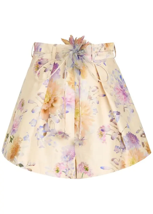 Zimmermann Luna Floral Belted Silk-blend Shorts - Cream