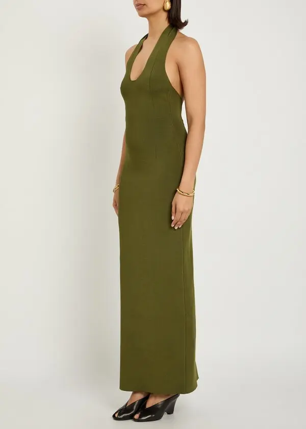 Khaite Mahi Halter-neck Stretch-knit Midi Dress - Olive