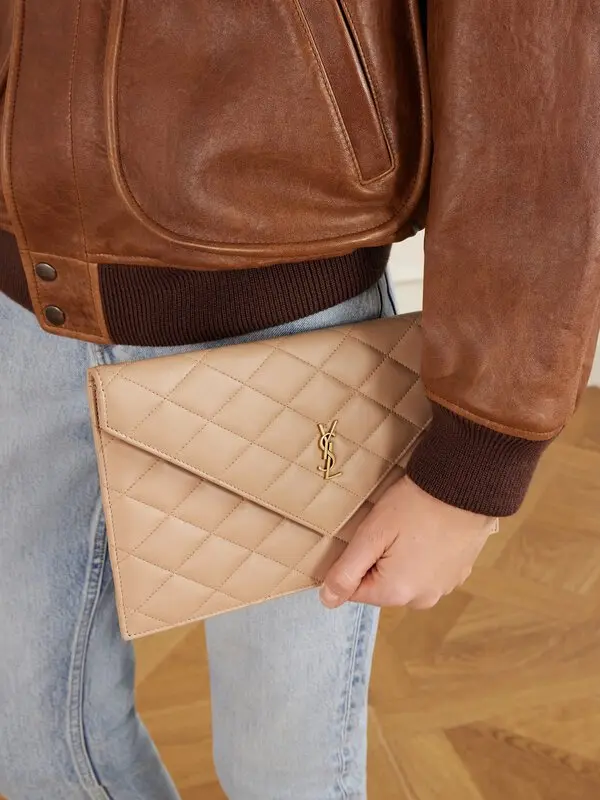 Saint Laurent Paris Matelassé Leather Pouch - Neutrals