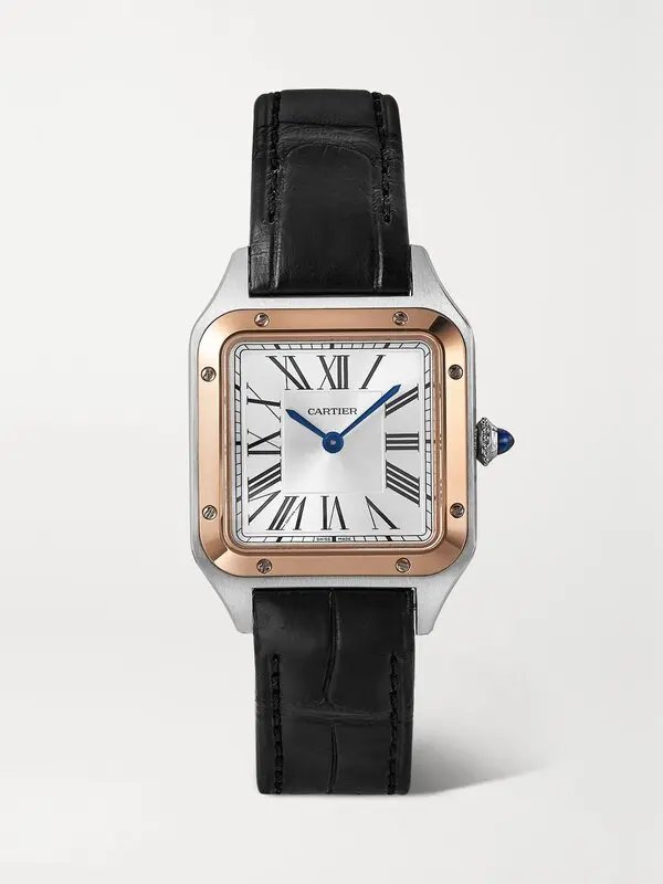 CARTIER Santos-dumont 38mm Small Stainless Steel, 18-karat Rose Gold And Alligator Watch - Black
