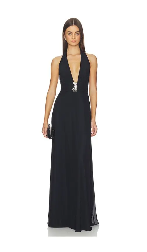 KATE BARTON Plunge Neckline Mesh Halter Dress - Navy
