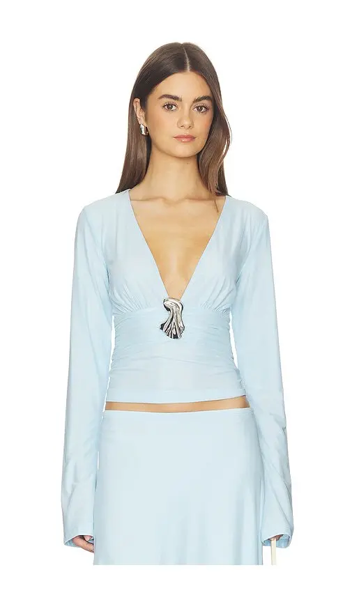 KATE BARTON Plunging V Flared Sleeve Top With Metal Hardware Detail - Light Blue