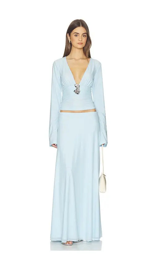 KATE BARTON Plunging V Neck Flared Sleeve Top - Light Blue