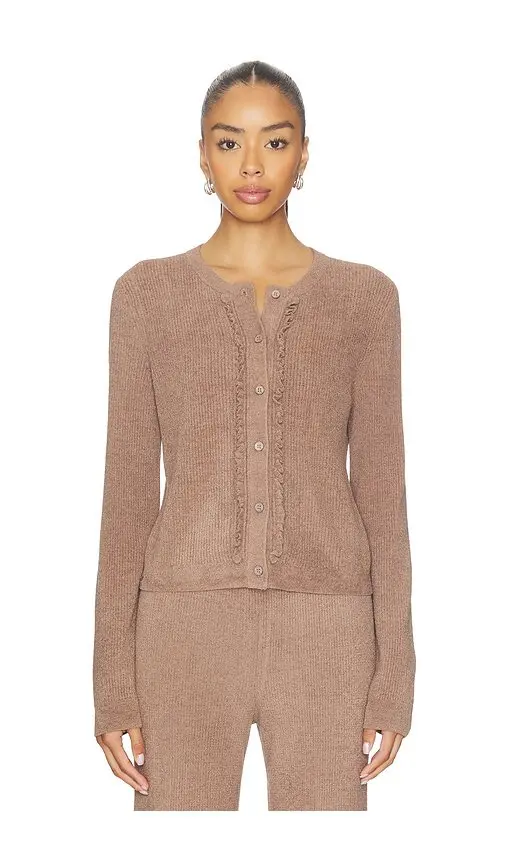 Barefoot Dreams Cozychic Ultra Lite Pointelle Rib Ruffle Front Cardigan - Sable