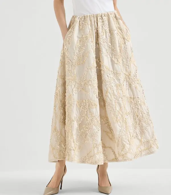 Brunello Cucinelli Cotton-blend Embroidered Midi Skirt - Grey