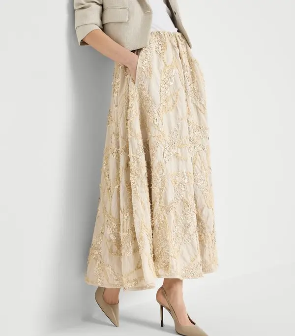 Brunello Cucinelli Cotton-blend Embroidered Midi Skirt - Grey