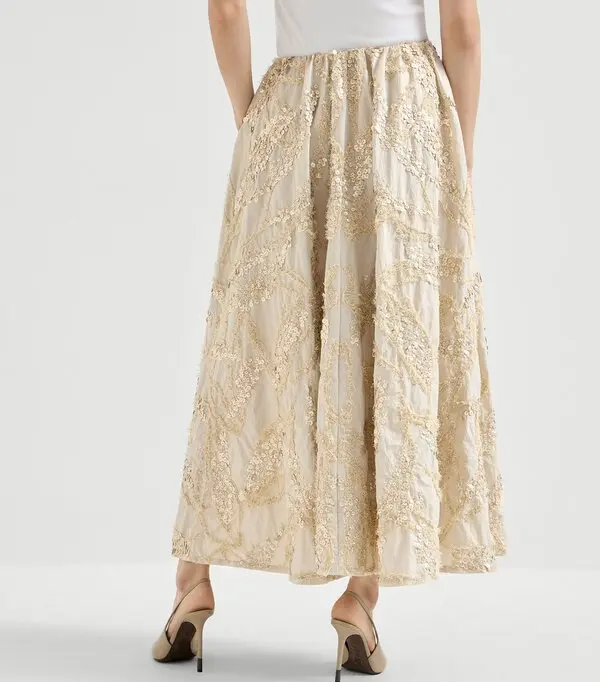 Brunello Cucinelli Cotton-blend Embroidered Midi Skirt - Grey