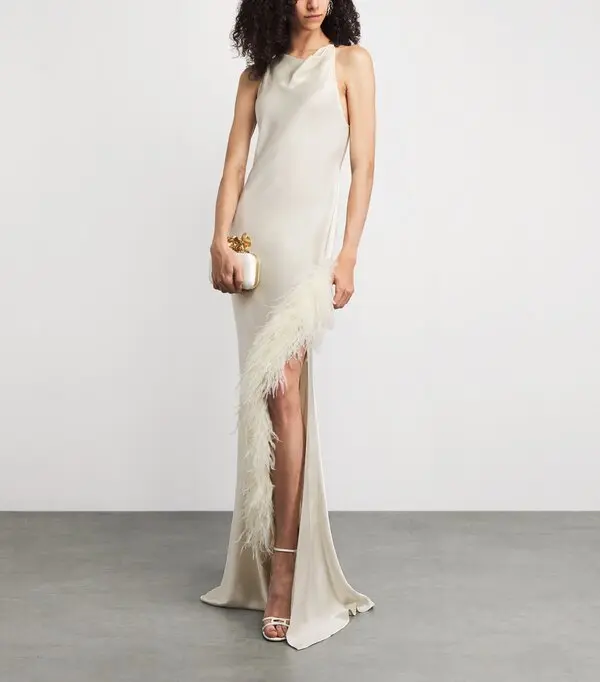 Lapointe Satin Feather-trim Halterneck Gown - Ivory